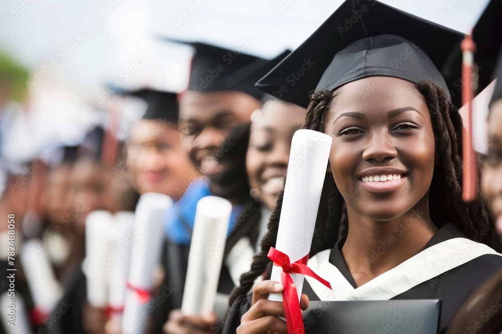 African American graduate wearing black cap gown diploma proudness graduation ceremony Stock ...