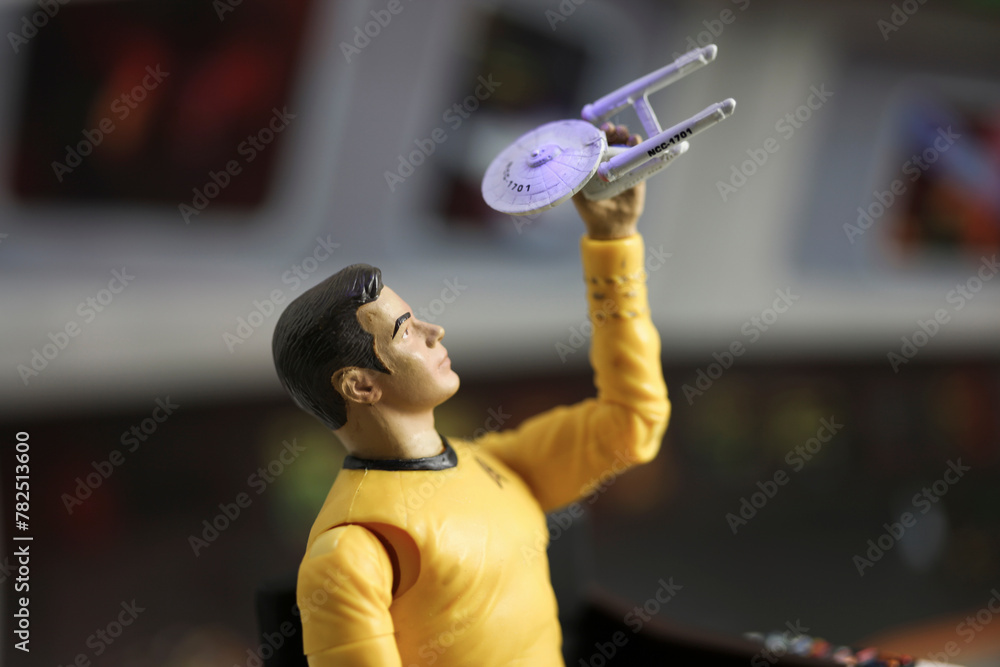 NEW YORK USA, JULY 11 2018: Star Trek Captain James T Kirk playing with ...