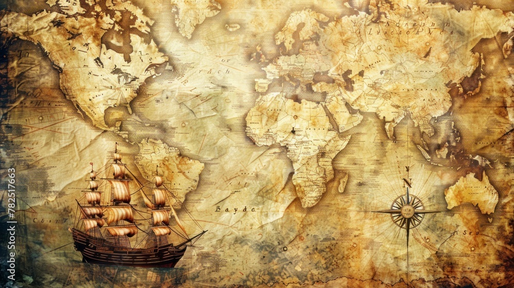 old map of the world with all the continents and a large ship sailing ...