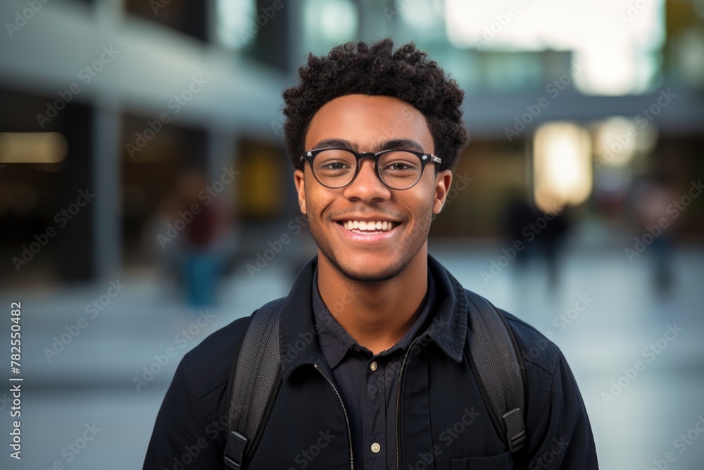 Face portrait of a smiling black man, blurred city street. African ...