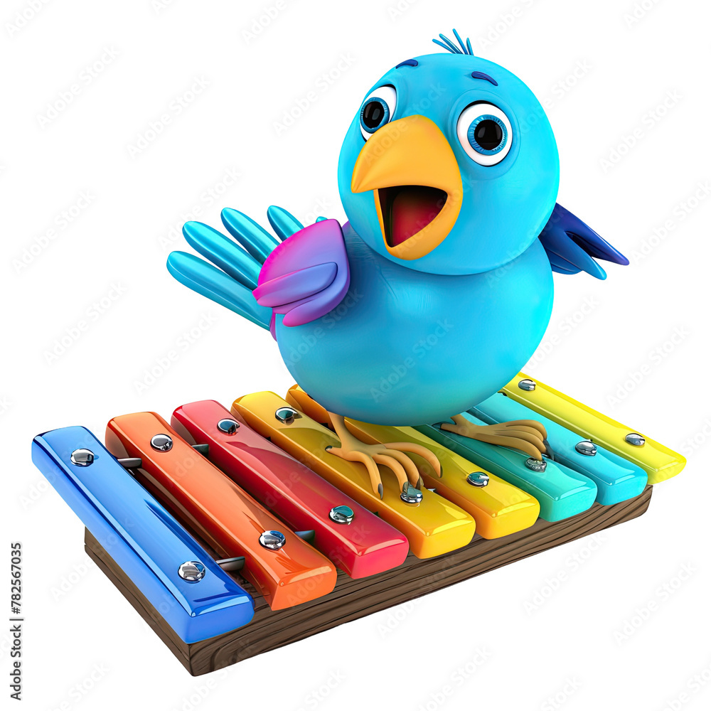 Curious bird cartoon builds a nest using colorful xylophone keys in ...
