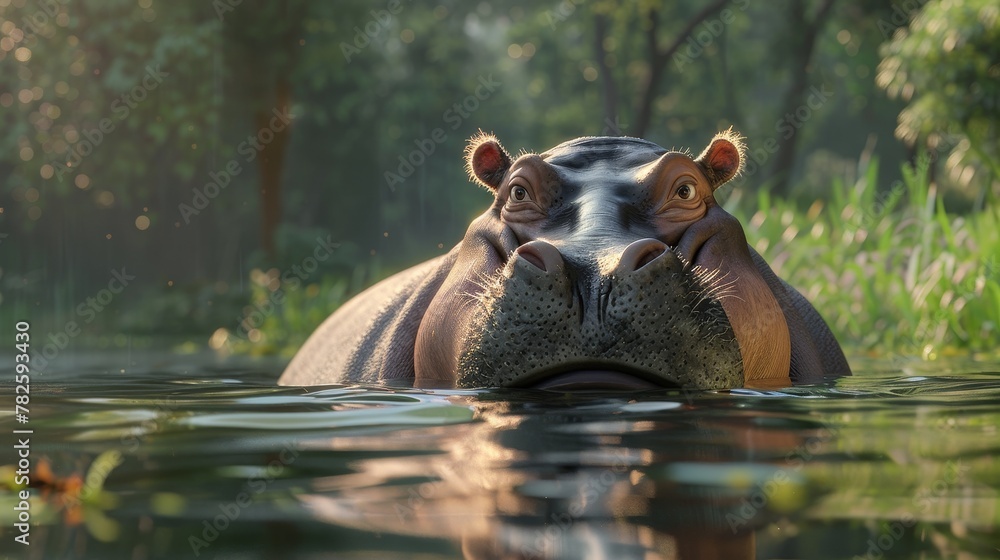 A chubby hippo lazily floating down a gentle river its massive form ...