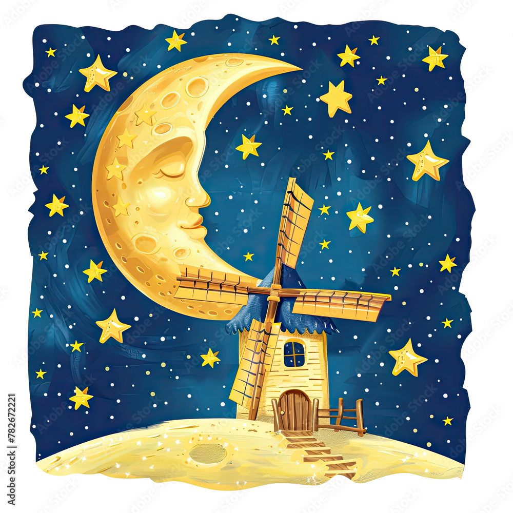 Whimsical moon hugging windmill under starry transparent background ...