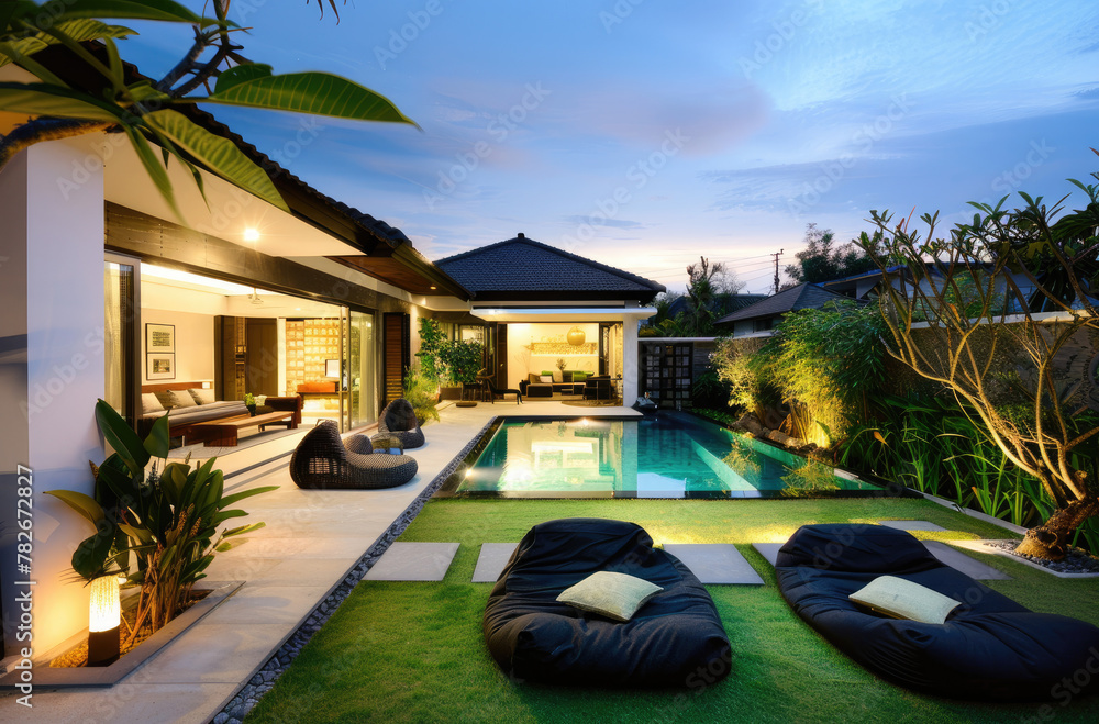 Modern Bali-style house with pool and garden, night view, black bean ...