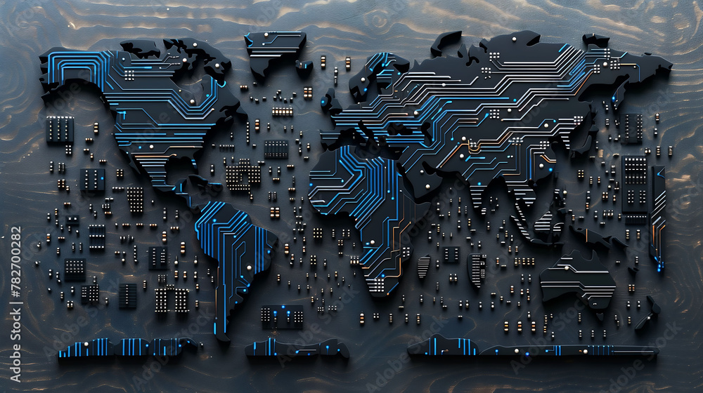 Illuminated circuit board world map, ai chip, global networks and ...