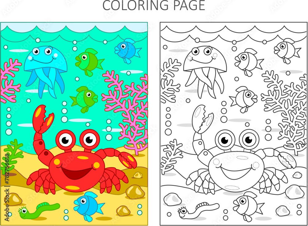 Color by sample. Coloring page with crab and underwater scene of sea ...