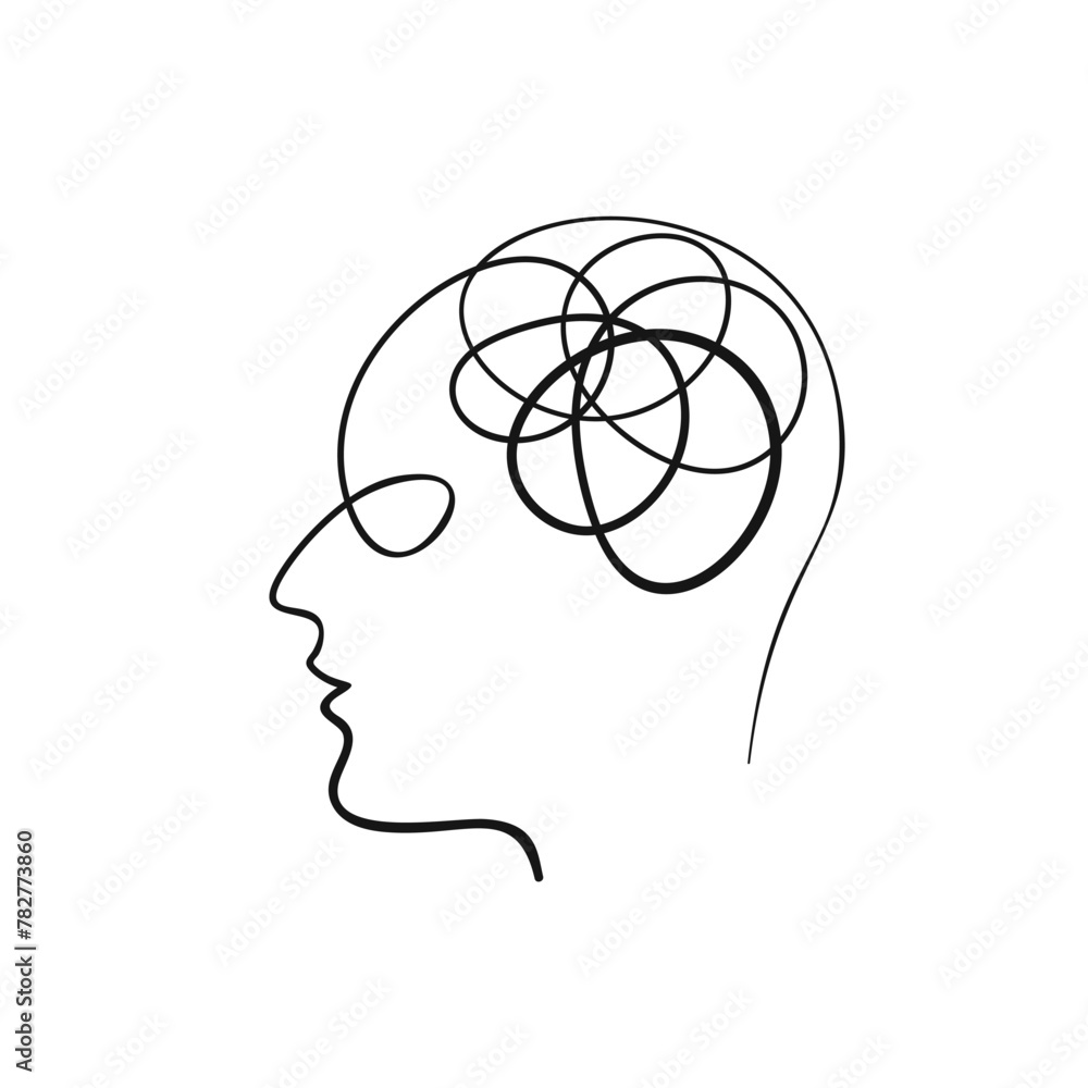 Human head in profile with brain in tangled line continuous one line ...
