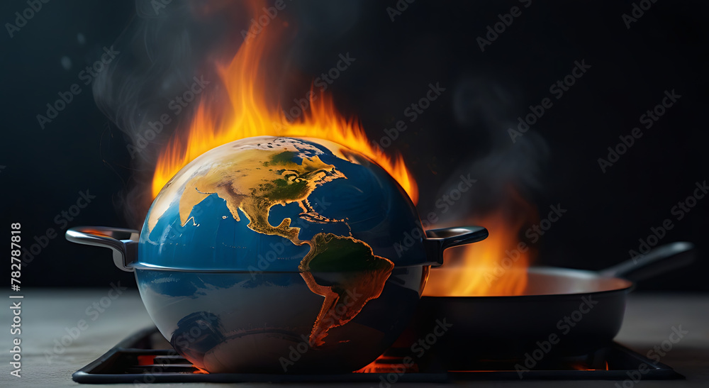 Earth globe of the planet boiling in hot water in a pan on the fire of ...