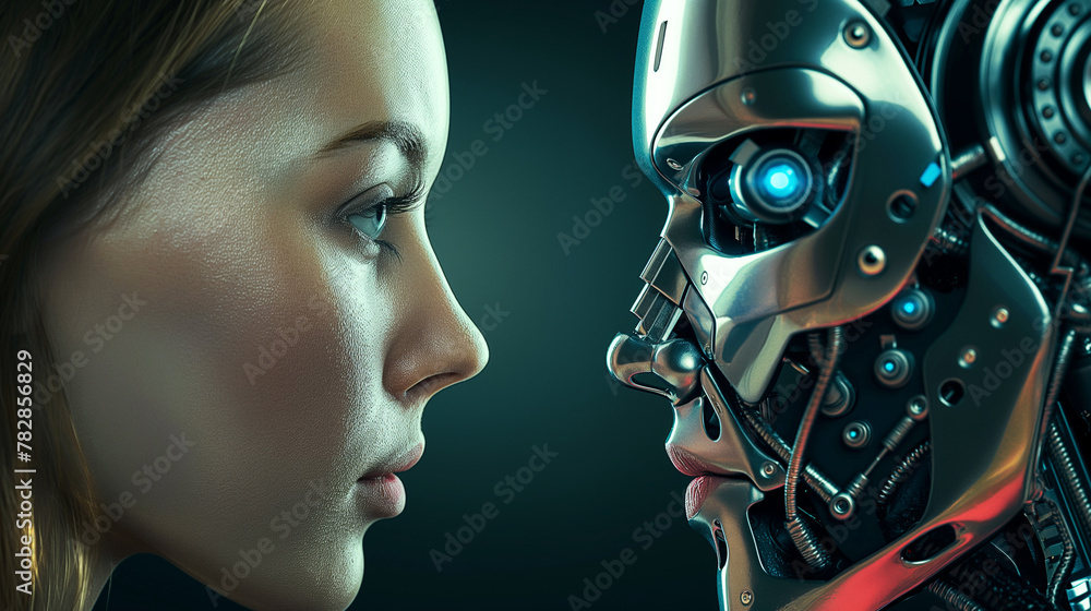 Futuristic Encounter, AI and Female Face-to-Face, Symbolizing Human-Machine Interaction ...