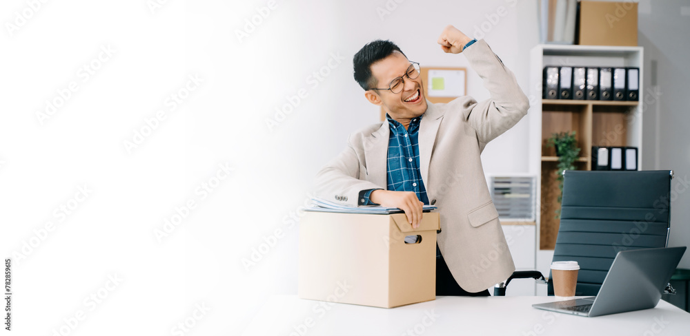 Happy and excited young beautiful Asian woman office worker celebrating ...