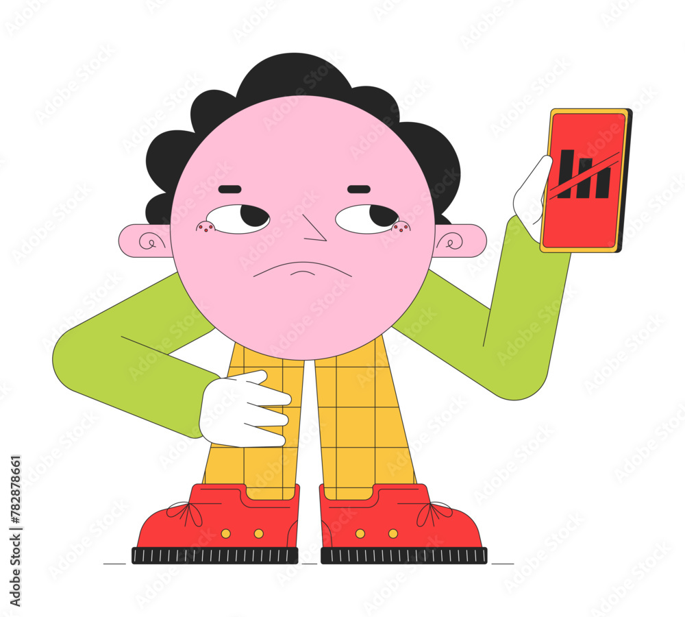 No phone signal 2D linear illustration concept. Retro groovy cartoon ...