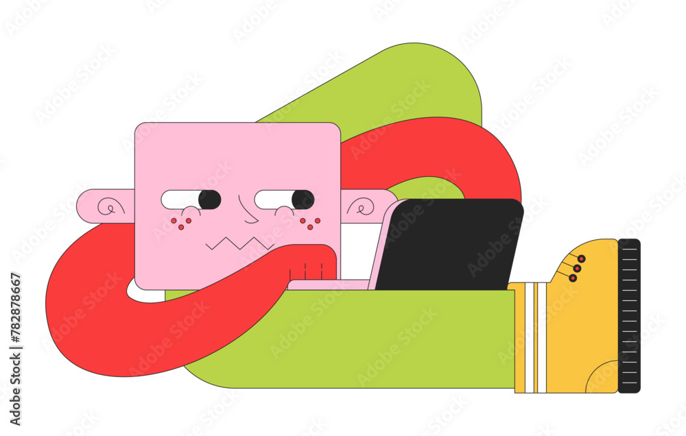 Office worker laptop 2D linear illustration concept. Teleworker. Retro ...