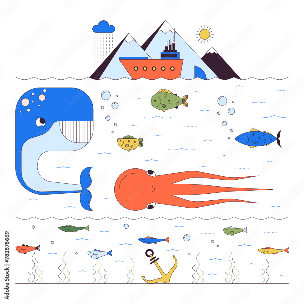 Deep sea life 2D linear illustration concept. Underwater marine fishes ...