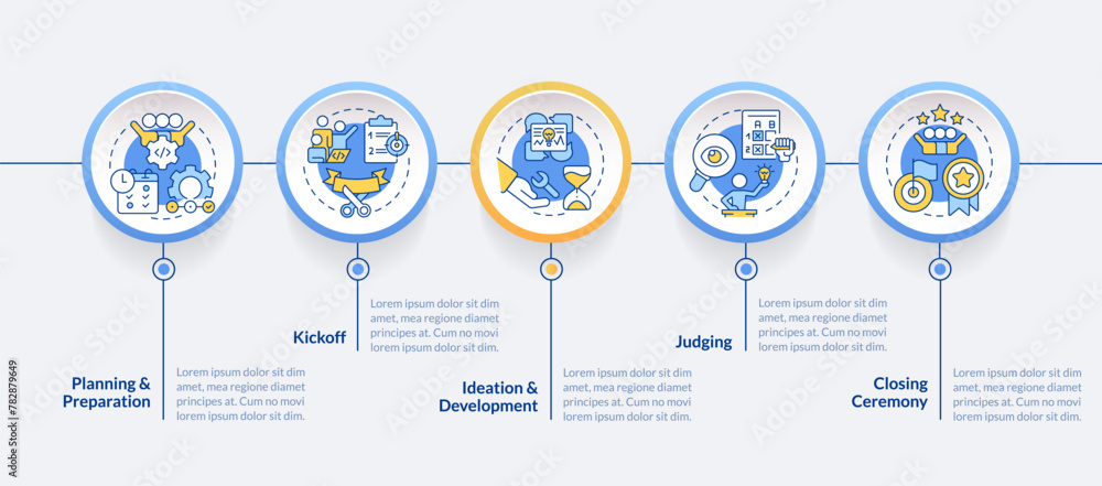 Hackathon process structure blue circle infographic template. Data ...