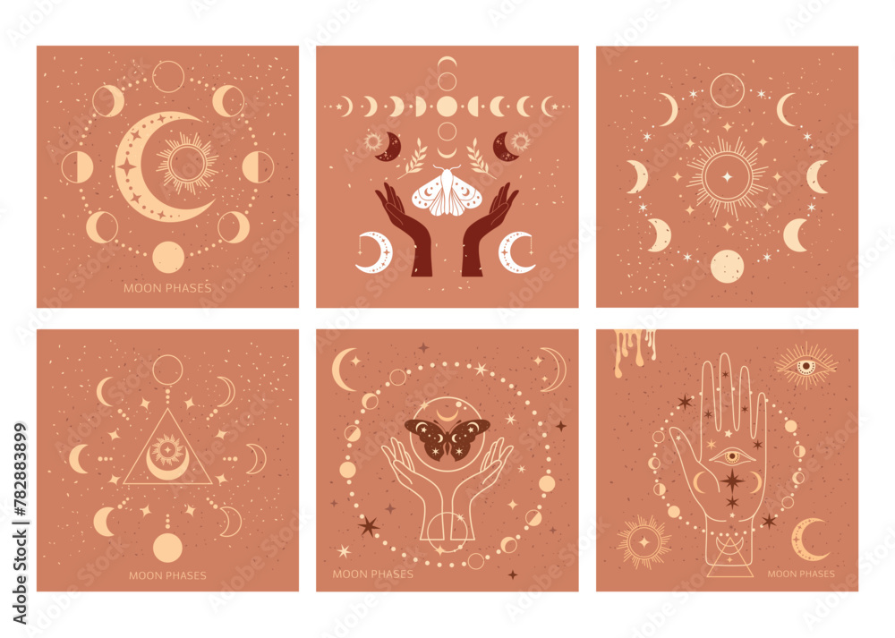 Banner set Mystical moon phases and woman hands and moth, alchemy ...