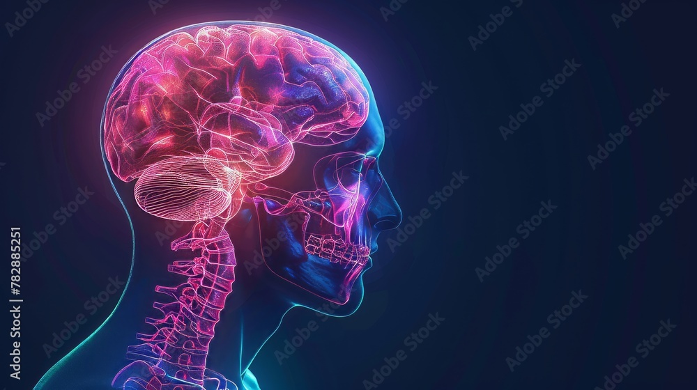 3D x-ray illustration of human brain from side view. The brain in glow ...