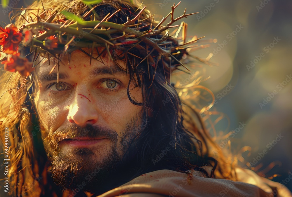 Jesus carrying the cross, he has a beard and long hair with a crown of ...