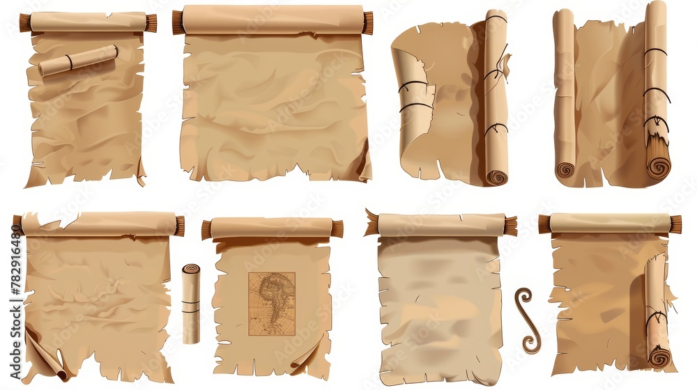 Cartoon illustration of ancient papyrus rolls, old maps and medieval ...