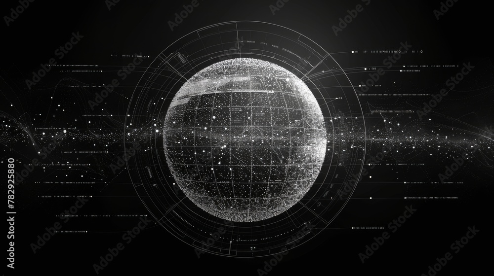 Visualization of big data with text. HUD wireframe mesh sphere with dots and lines. Design for ...