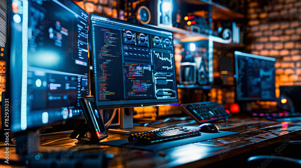 Multiple computer screens displaying code and data in a modern, dark ...