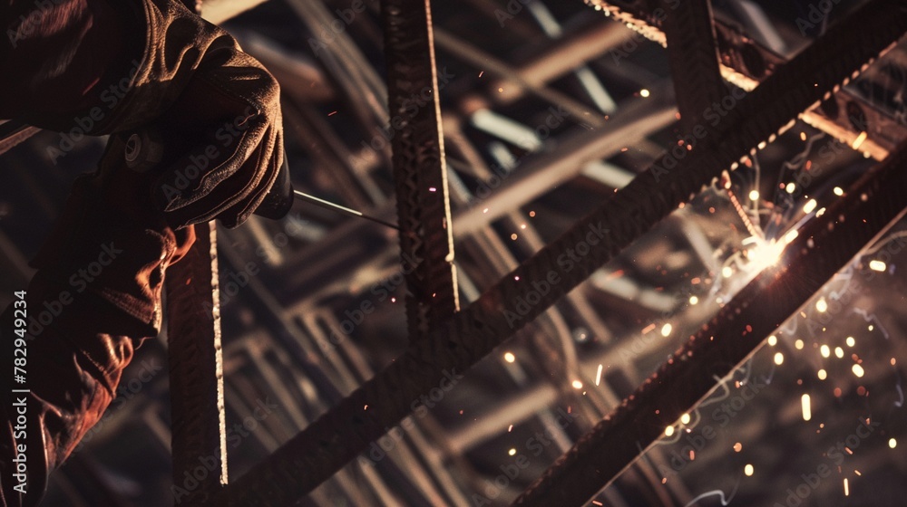 Steel welding, truss structure, close up, the bright glow of the ...