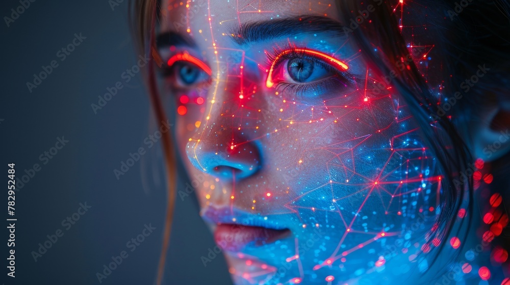 Female Cyborg head with artificial neural networks brain. Neon ...