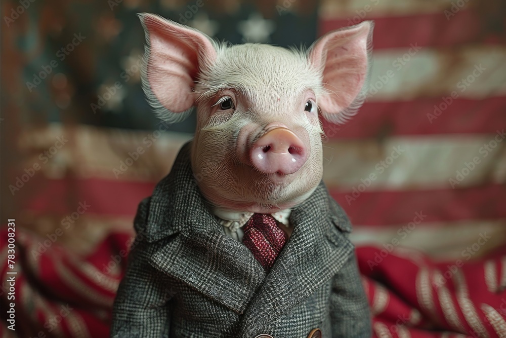 This charming pig, dressed in a stylish suit and tie, stands proudly in ...