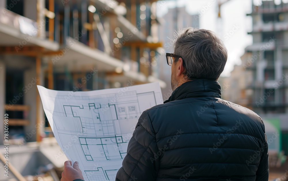 Construction expert analyzing building blueprints, viewed from behind ...