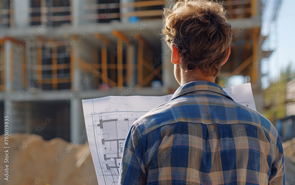 Construction expert analyzing building blueprints, viewed from behind ...