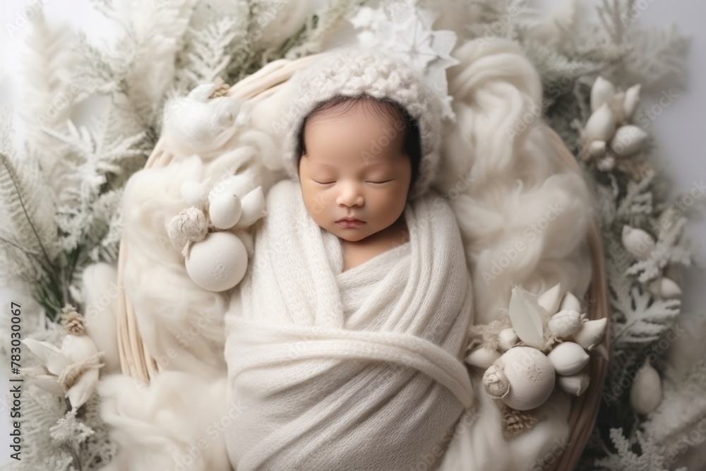 Newborn baby wrapped in white fabric surrounded by winter-themed ...
