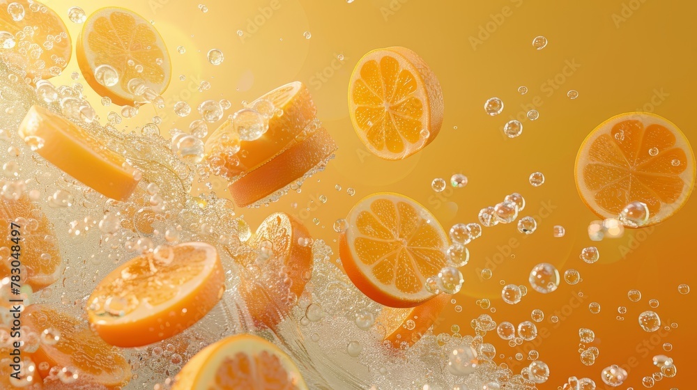 A 3D illustration showing orange flavor effervescent tablets dissolving ...