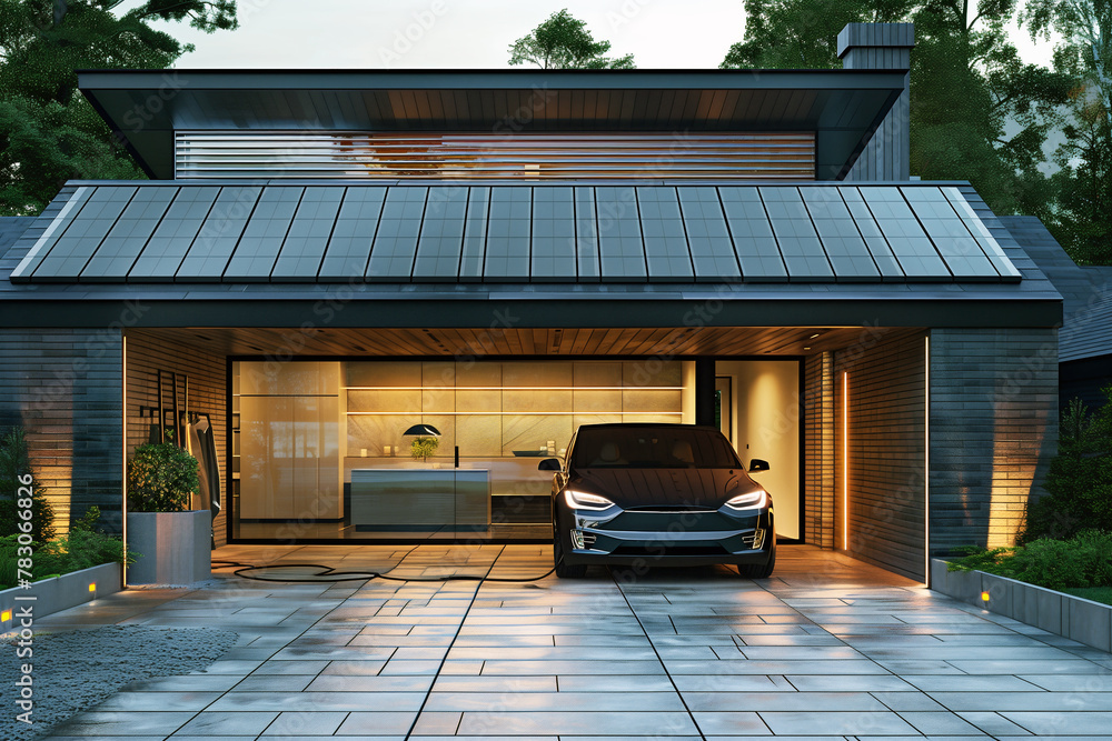 Generic electric vehicle EV car is being charged from EV charger on a ...