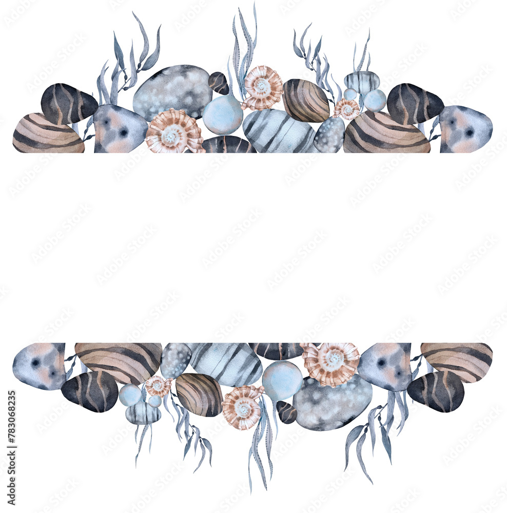 Watercolor hand painted banner with black pebbles shells and seaweed ...