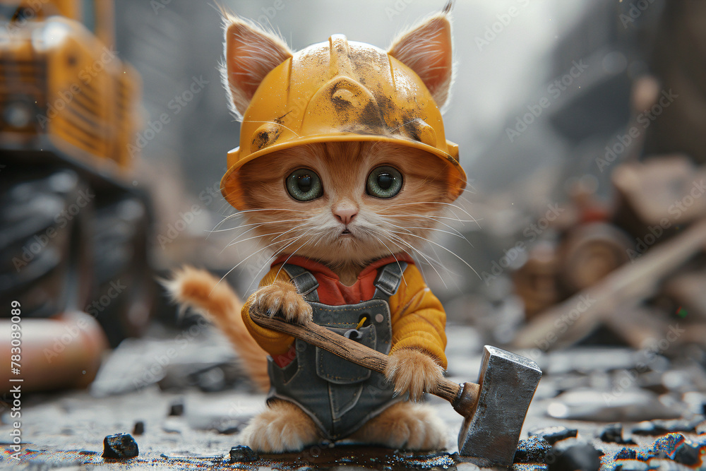 Illustration Stock Cartoon cat wearing construction gear with hammer ...