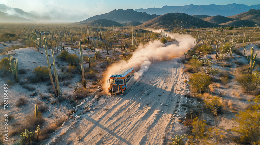 Desert bus breakdown: A colorful bus struggles through the vast desert ...
