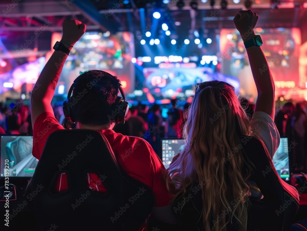 Victorious Pro Gamers Celebrating Win at Esports Event - Silhouettes ...