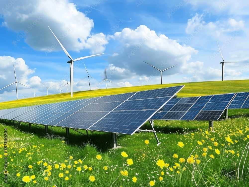 Scenic Landscape with Solar Panels and Wind Turbines - Sustainable ...