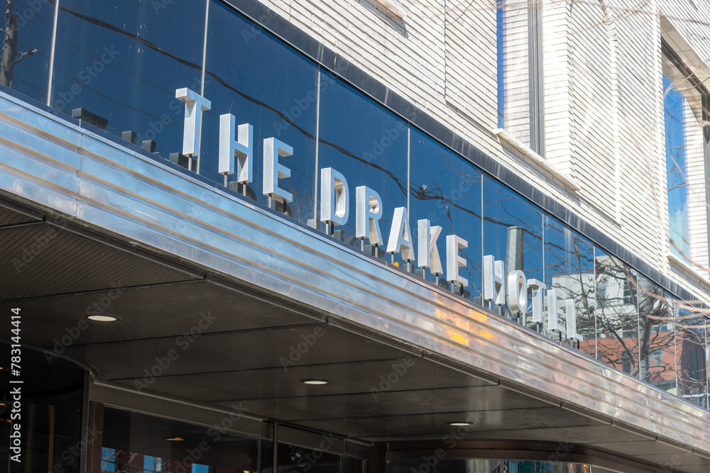 exterior building facade and sign of The Drake Hotel, a three star ...