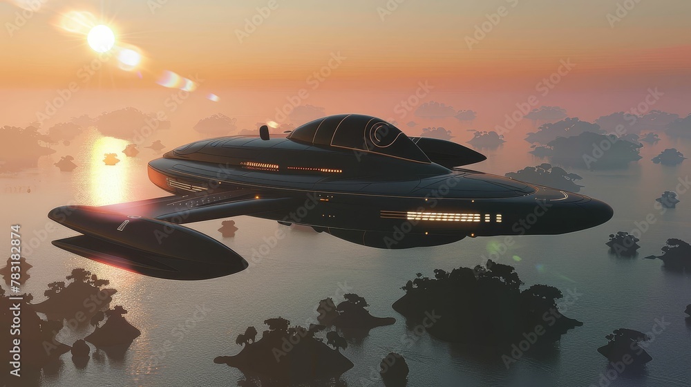 Vintage spaceship, retro design featuring futuristic tech, soaring over ...