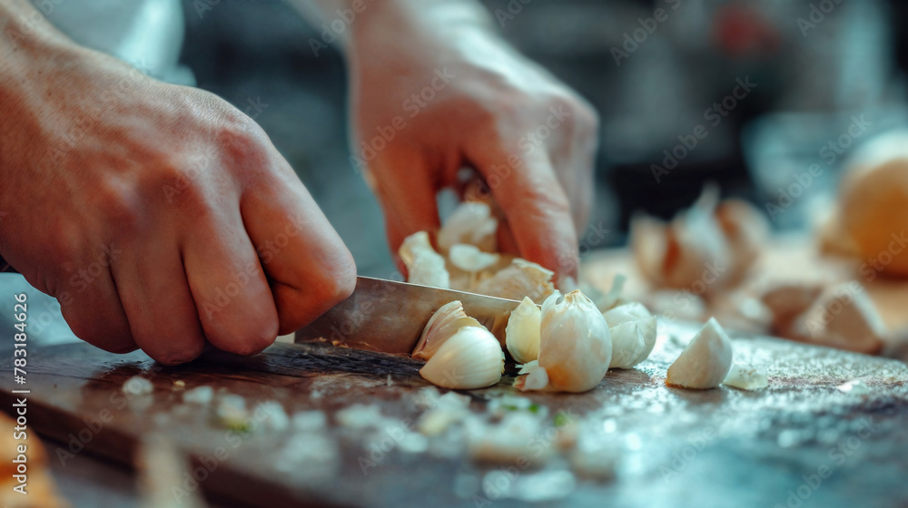Precision and Passion: Chef's Hands Finely Chopping Garlic, Generated ...