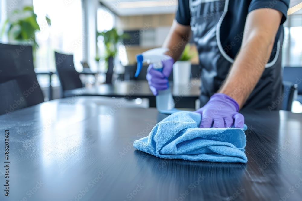 Cleaning staff maintaining hygiene in company office by wiping tables ...
