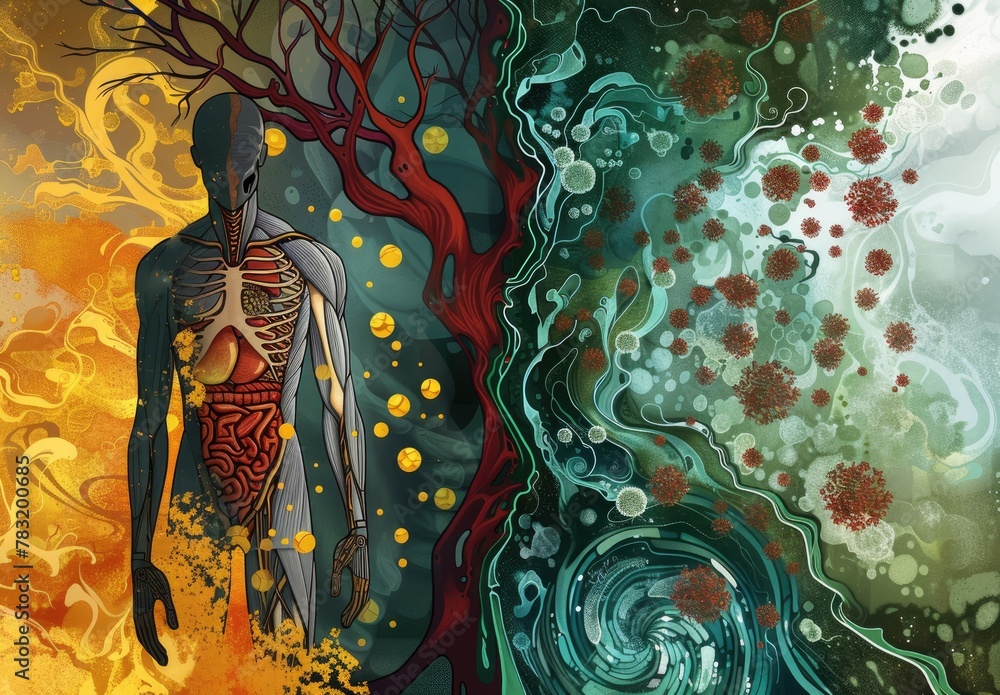 Artistic illustration depicting the interaction between human anatomy ...