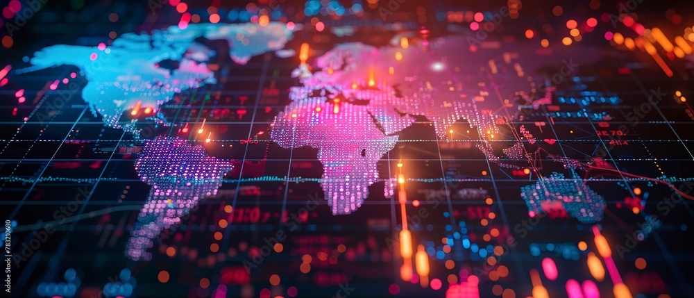 Close view of a world map with stock exchange locations highlighted ...
