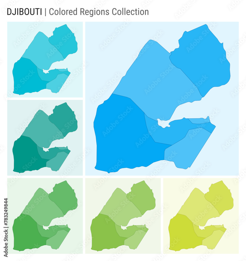 Djibouti map collection. Country shape with colored regions. Light Blue ...
