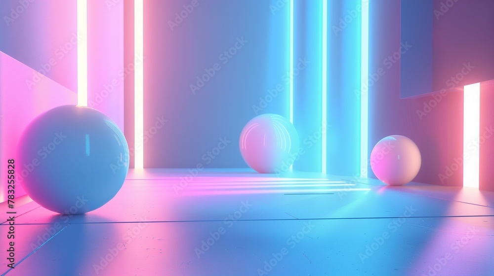 3D render of an abstract background with geometric shapes and neon ...