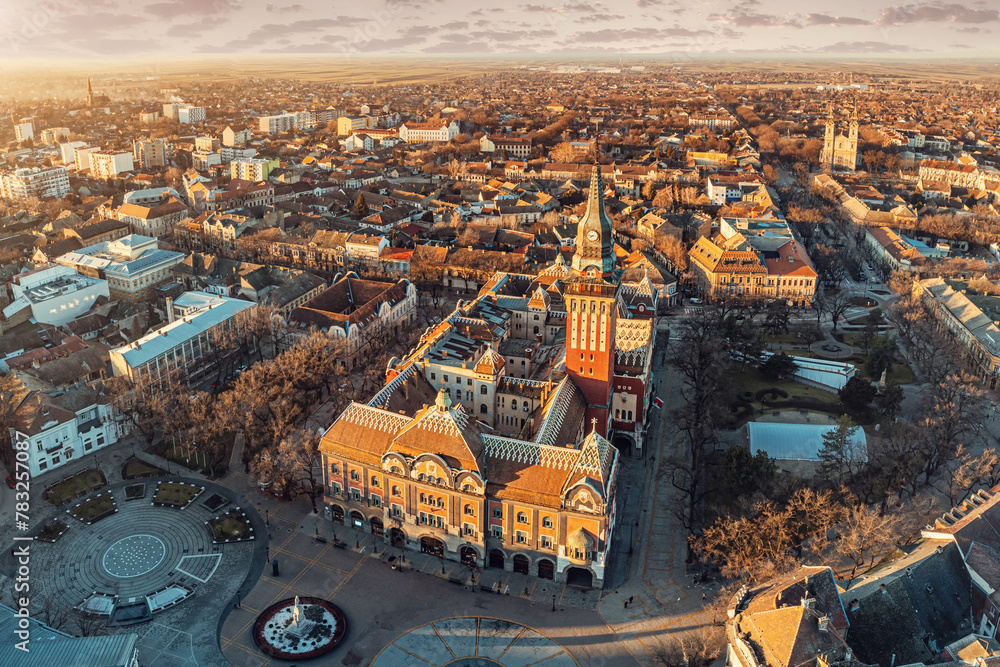 Aerial view of a famous Subotica town hall as a symbol of the city ...