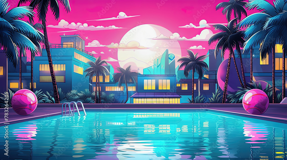 ภาพประกอบ Stock 1980s themed pool party neon background with palm trees ...