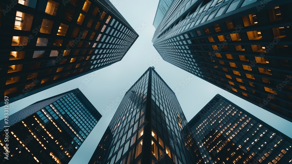 Massive skyscrapers reach towards the sky their windows reflecting the ...