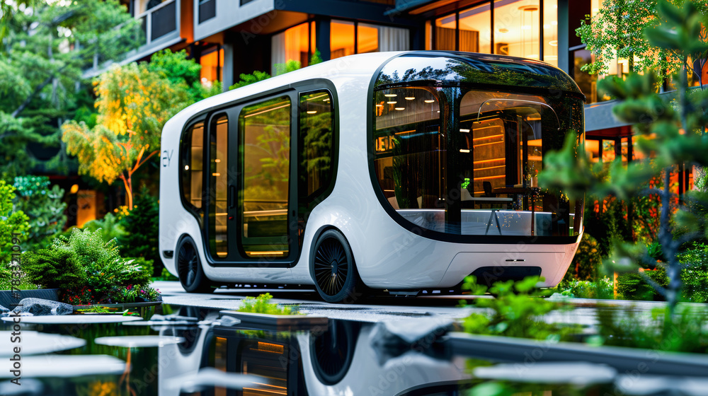 An autonomous shuttle bus with a futuristic design parked in a serene ...