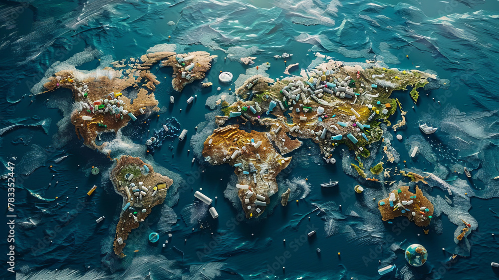 Map continents earth are made up of garbage, surrounded by ocean water ...